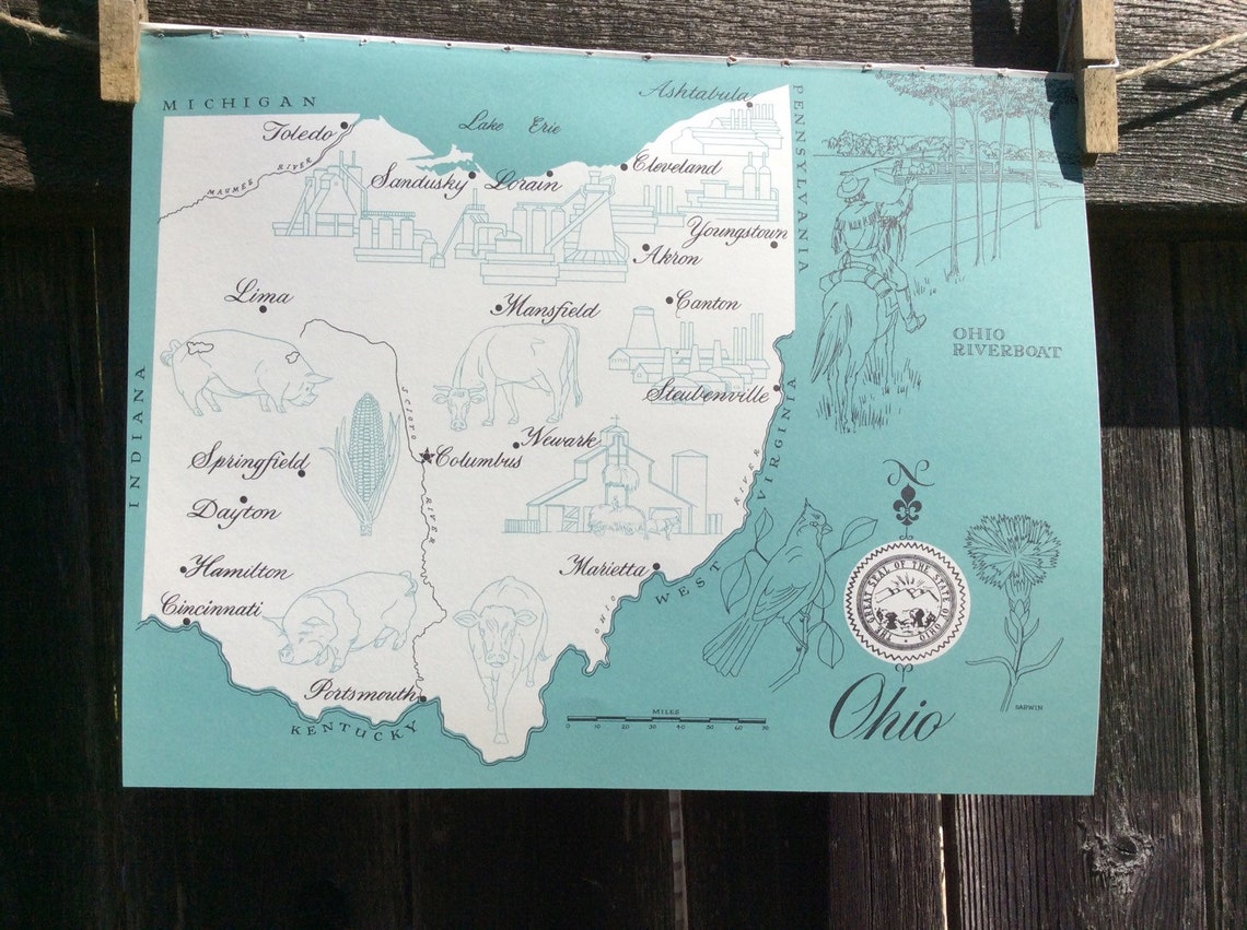 Vintage 1960s Original State Graphic Picture Map of Ohio Colorful ...