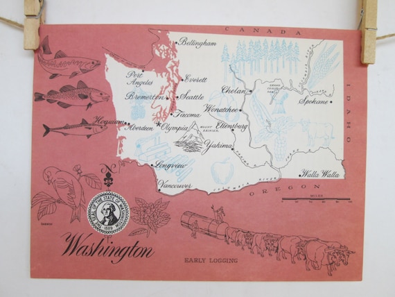 Vintage 1960s Original State Graphic Picture Map of Washington - Etsy