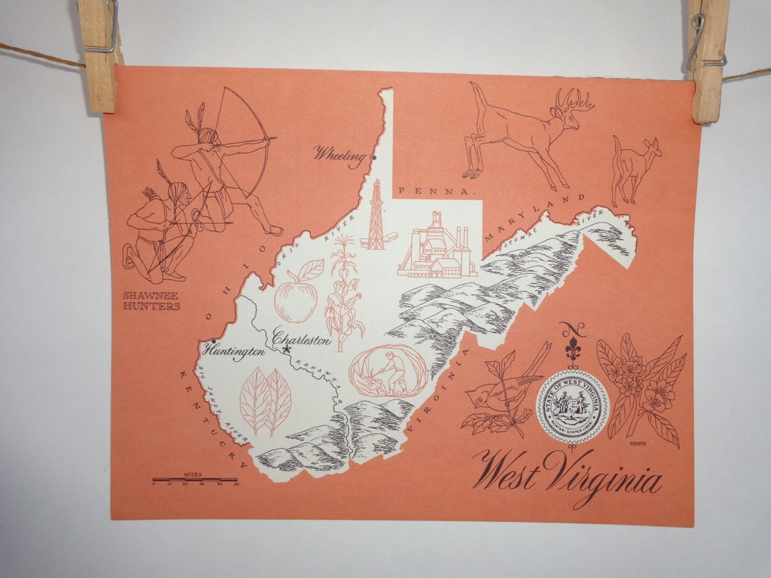 Vintage 1960s Original State Graphic Picture Map of West Virginia - Etsy