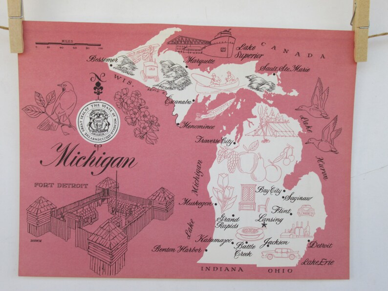 Vintage 1960s Original State Graphic Picture Map of Michigan Colorful ...