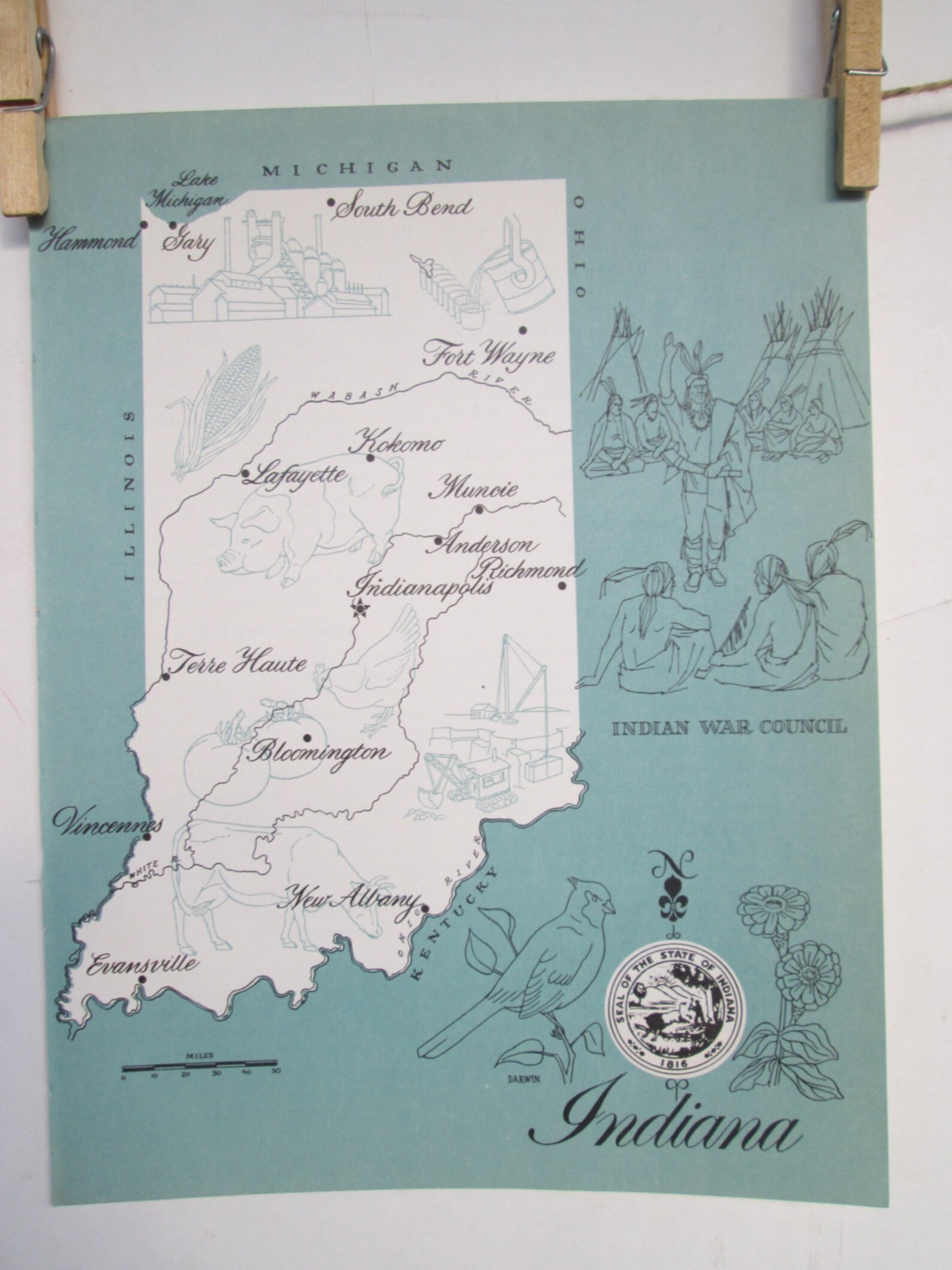 Vintage 1960s Original State Graphic Picture Map of Indiana Colorful ...