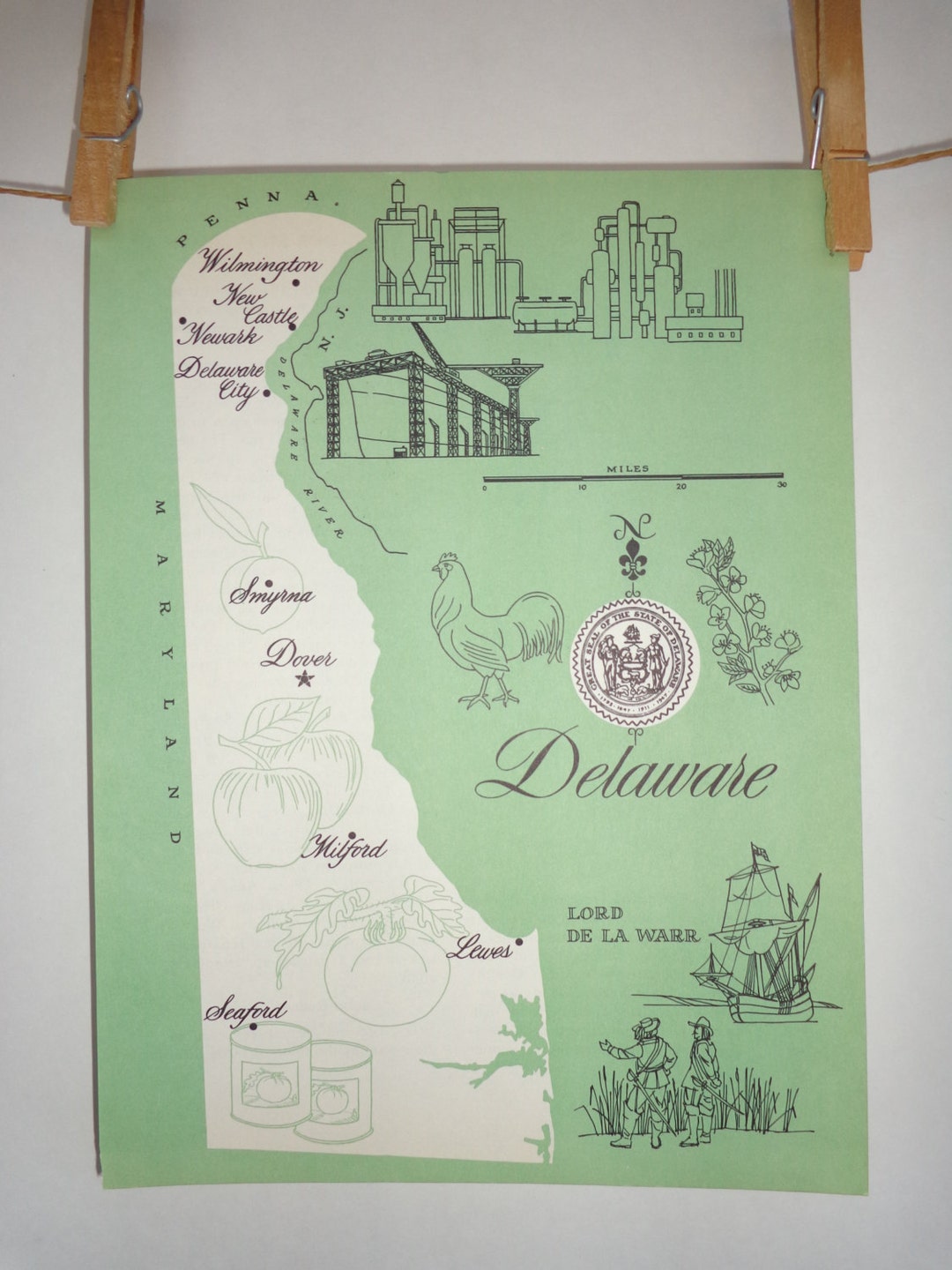 Vintage 1960s Original State Graphic Picture Map of Delaware - Etsy