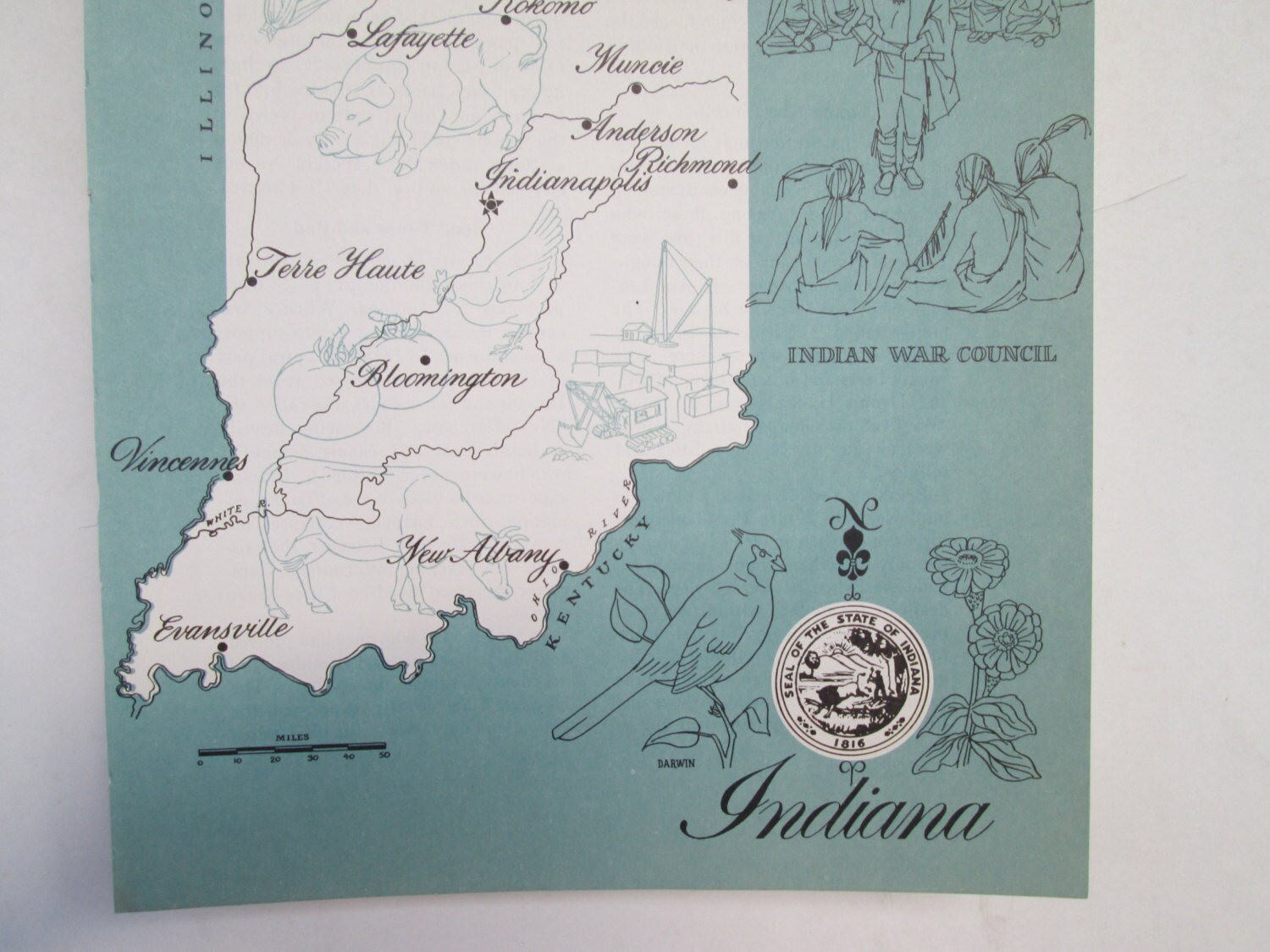 Vintage 1960s Original State Graphic Picture Map of Indiana Colorful ...