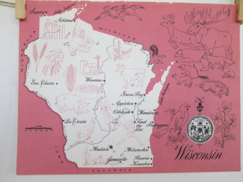 Vintage 1960s Original State Graphic Picture Map of Wisconsin Bright ...