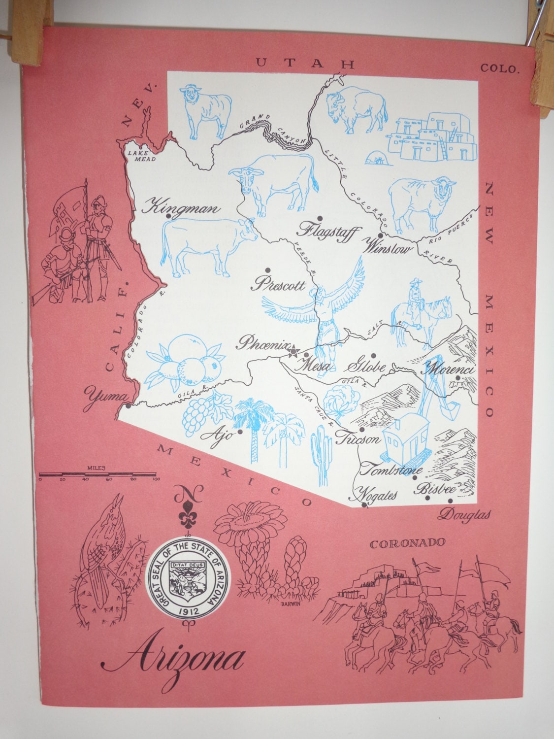 Vintage 1960s Original State Graphic Picture Map of Arizona Colorful ...