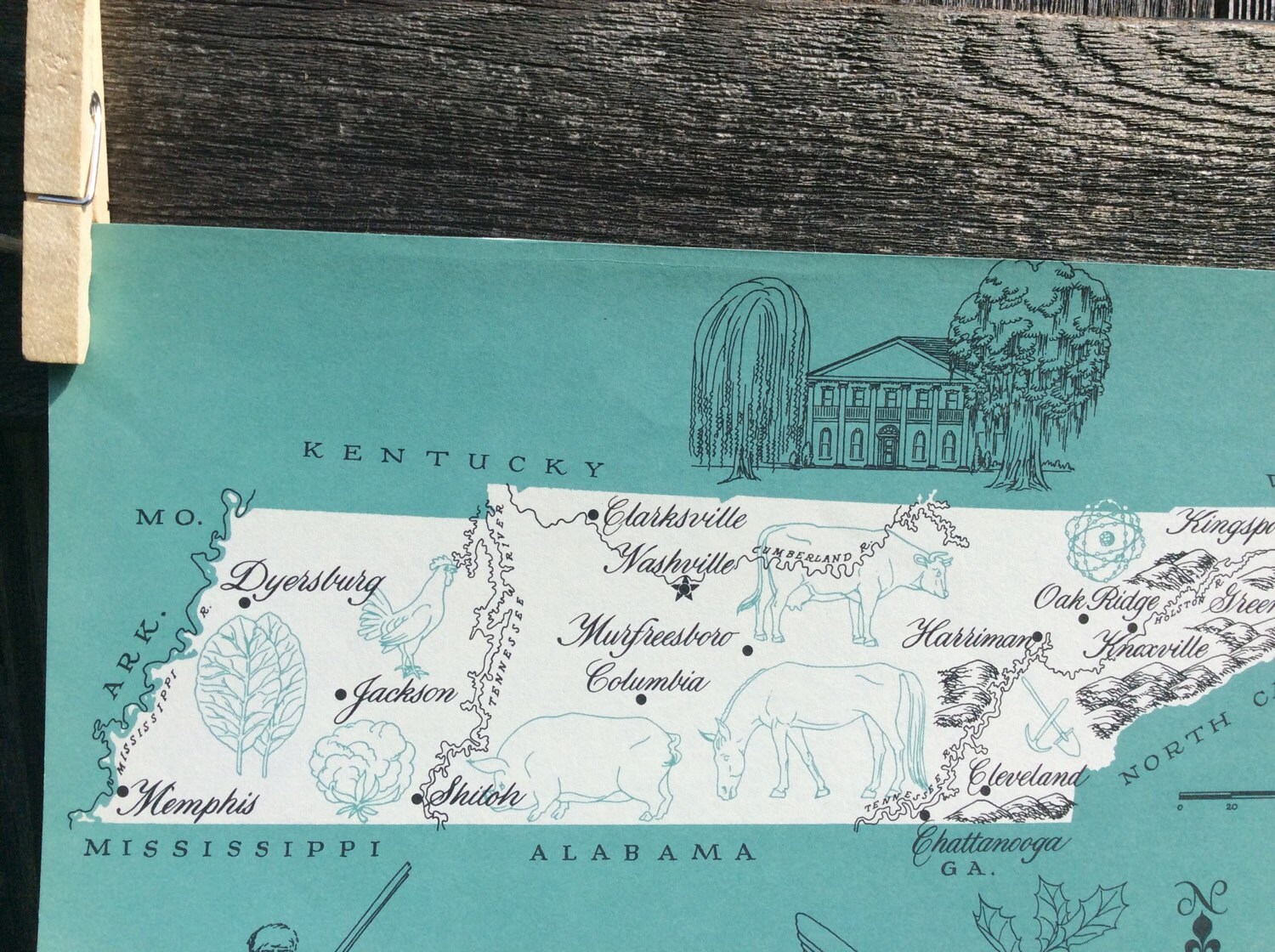Vintage 1960s Original State Graphic Picture Map of Tennessee Bright ...