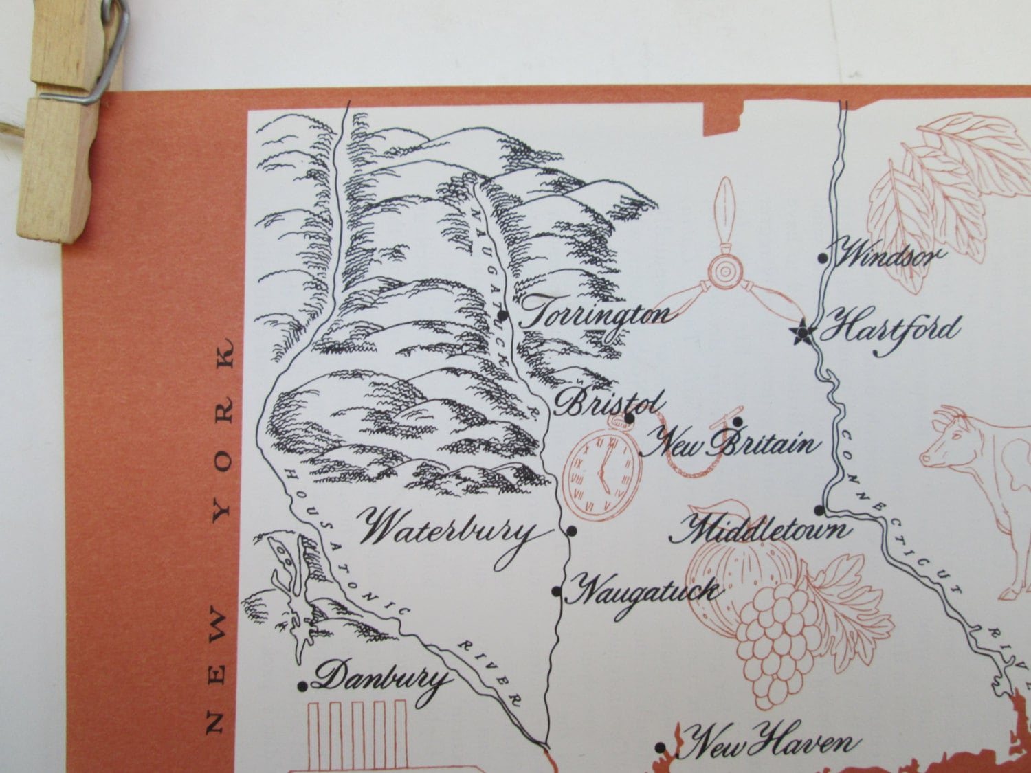 Vintage 1960s Original State Graphic Picture Map of Connecticut Bright ...