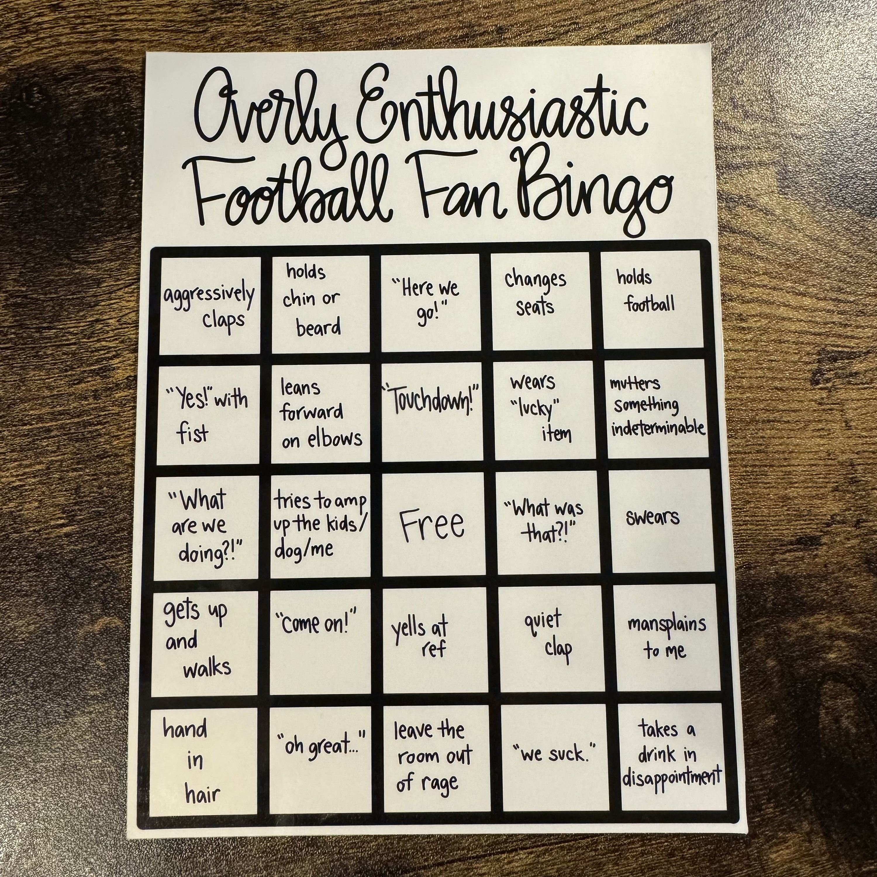 Overly Enthusiastic Football Fan Bingo Board | Wife Drinking Game ...