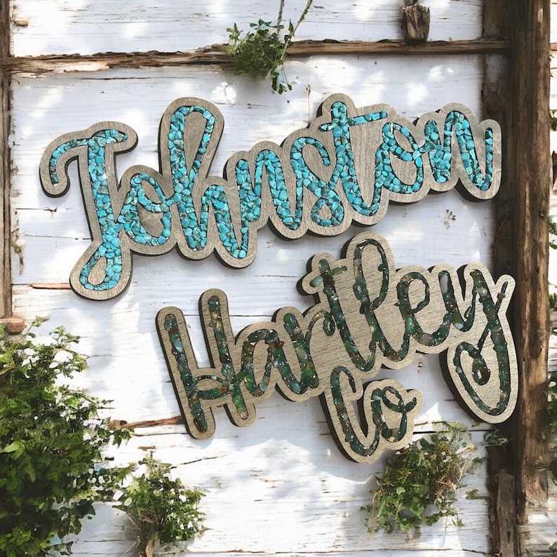 Custom Layered Name Sign | Faux Turquoise or Emerald Inlay Wood Décor ...