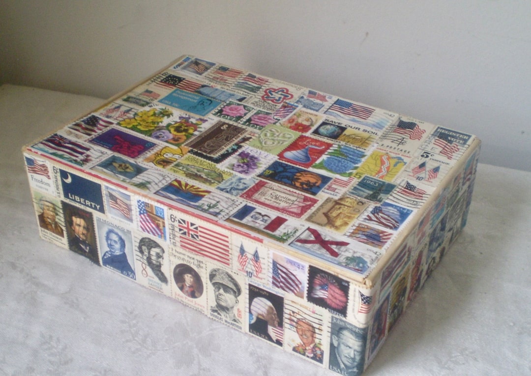 USA STAMP BOX- Vintage Cigar Box With Old Stamps on It- Box for Your ...