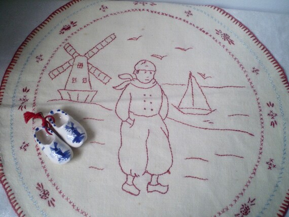 Hand Embroidered Dutch Boy and Windmill Vintage Red White & | Etsy