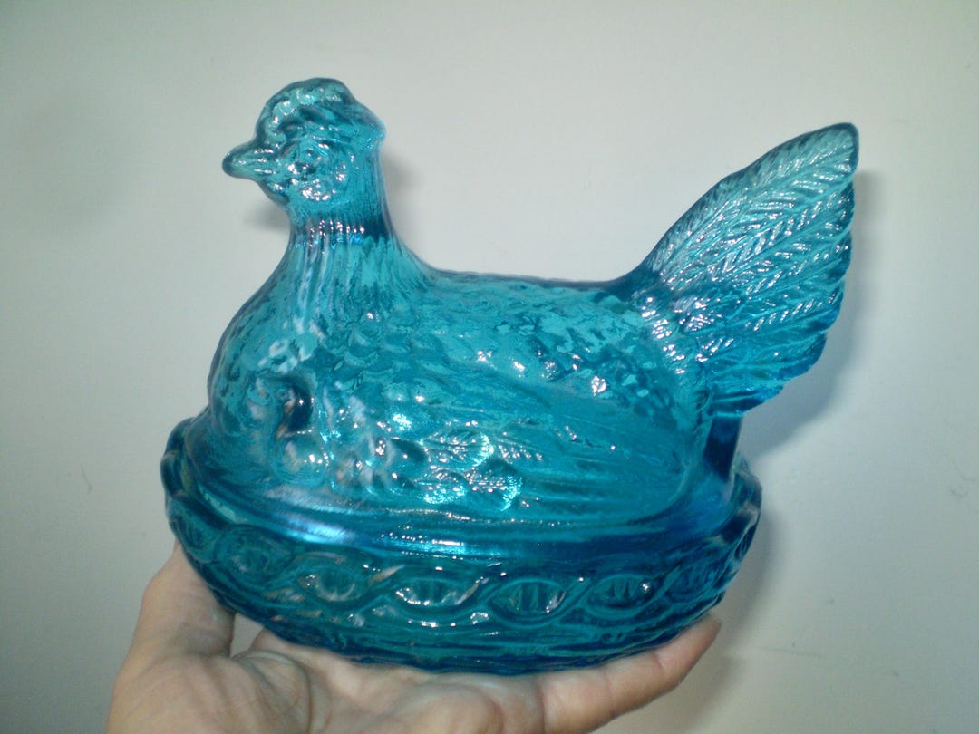 Blue HEN & NEST BOWL- Vintage Blue Glass Hen Covered Bowl- 2 Piece Hen ...