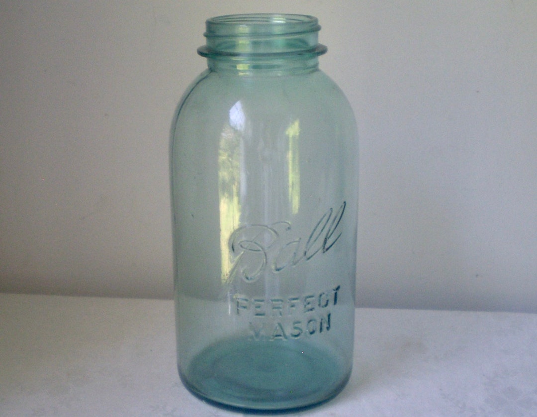 Antique BALL MASON JAR- Large Blue Glass 2 Quart Mason Jar- Old Blue ...