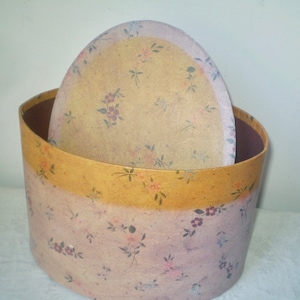 Vintg OVAL HAT BOX Oval Hat Box With Lid Faded Wallpaper Hat Box in Tan ...