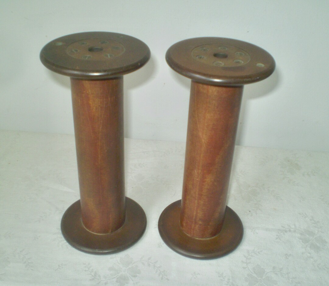 Lg WOODEN SPOOLS Pair of Antique Large Textile Factory Wooden Spools ...