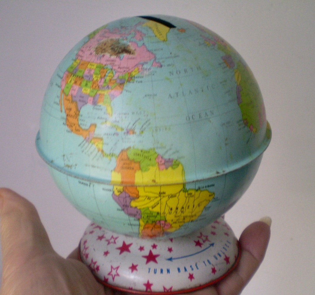 World GLOBE BANK J Chein & Co. Metal World Globe Bank Tin Litho Bank ...
