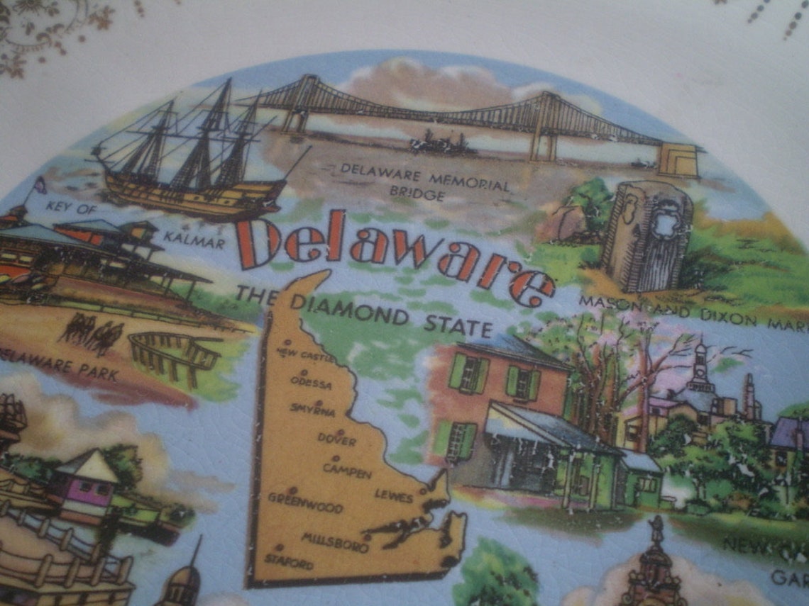 Vintage Delaware state collector's plate gold design edge | Etsy