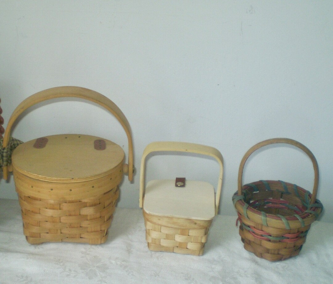 3 Small HANDWOVEN BASKETS- 2 Lidded Baskets, Small Handle Basket- Mini ...