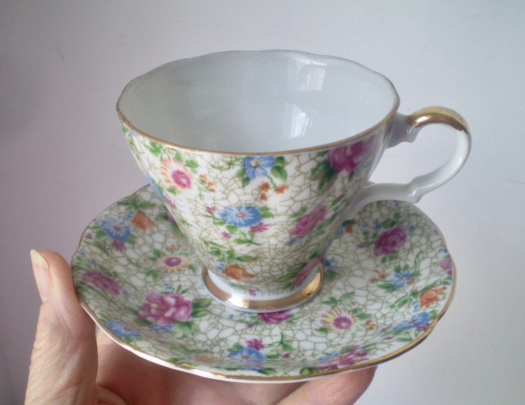 Vntg FLOWERED TEACUP and SAUCER- Midcentury Floral Tea Cup and Saucer ...