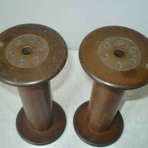 Lg WOODEN SPOOLS Pair of Antique Large Textile Factory Wooden Spools ...