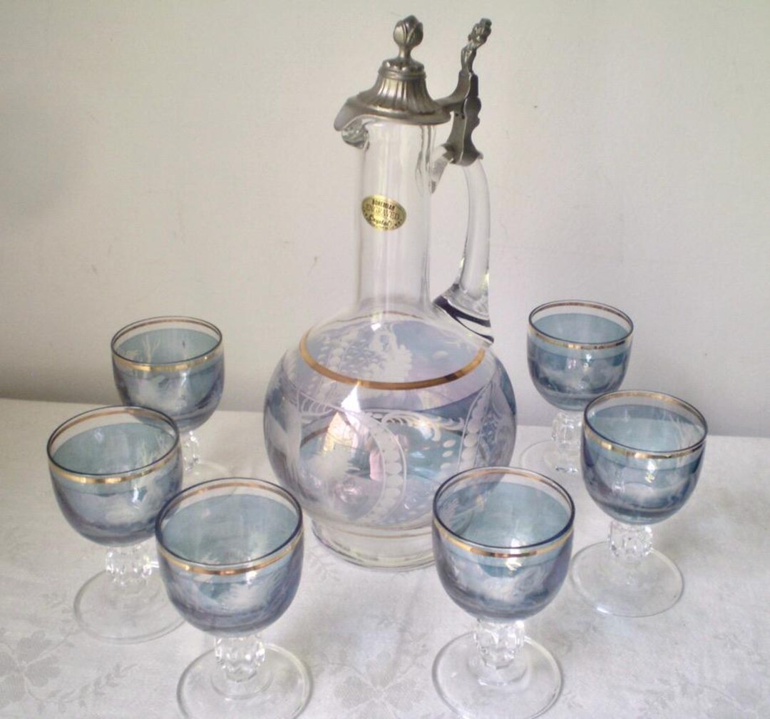 Vintage EQUESTRIAN ETCHED CORDIAL Set- Light Blue Bohemian Equestrian ...