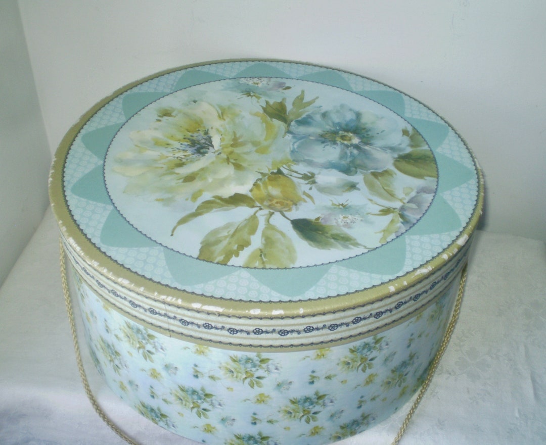 Blue FLOWERED HAT BOX Vintage Floral Hat Box Green Polka Dots in Blue ...