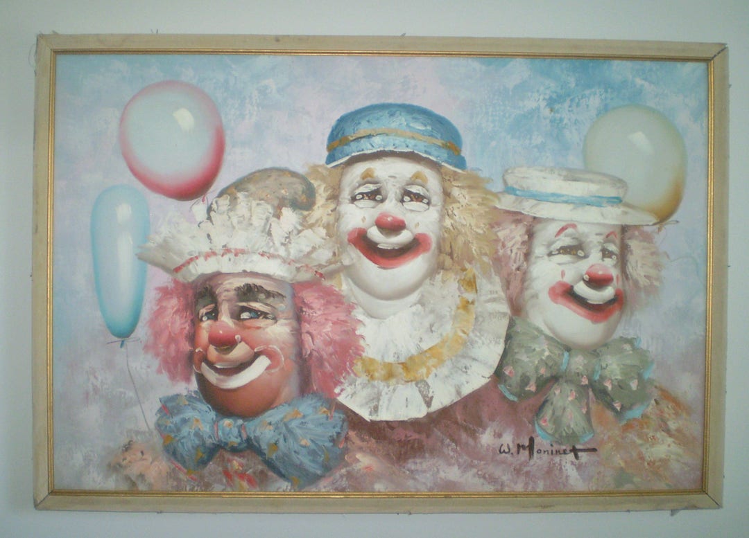 1/2 OFF! Original Oil Painting by Wm. Moninet- Pastel Colors- 3 Clowns Oil Painting- Vintage ...