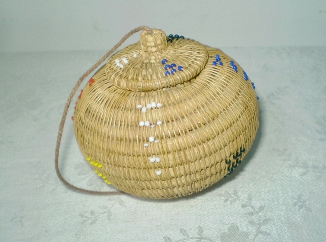 SALE- Small BALL BASKET With Beads- Handmade Beaded Orb Ball Basket ...