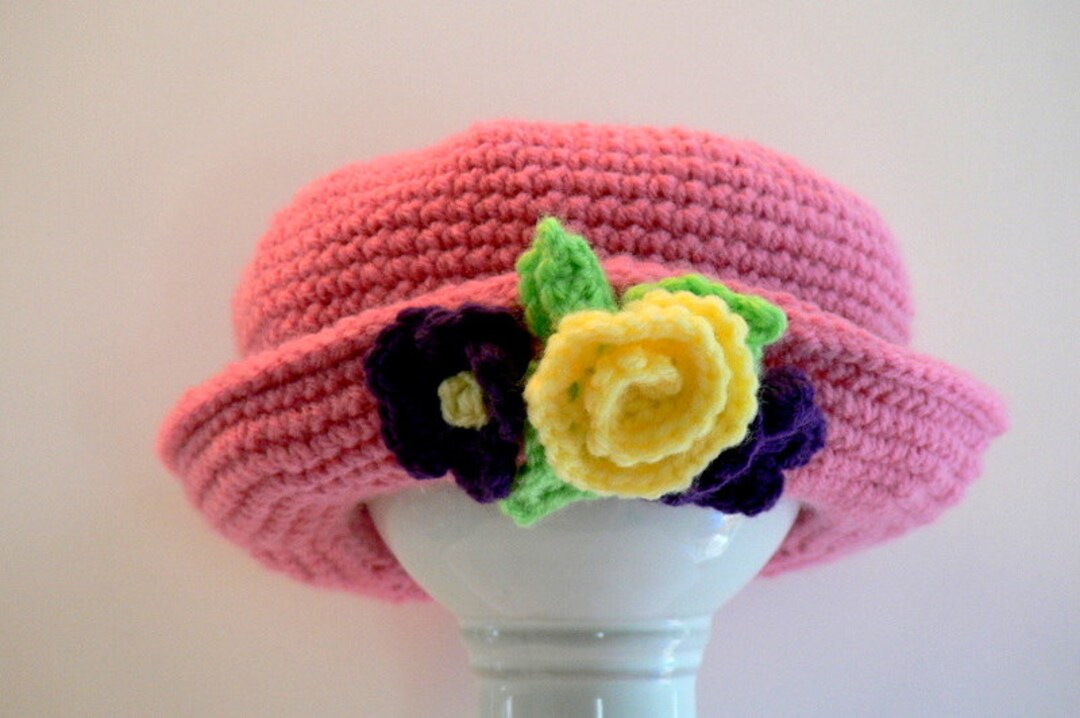 Crochet Pattern - Girls Hat, Flower, Rose and Violets, Brim, Size Baby ...