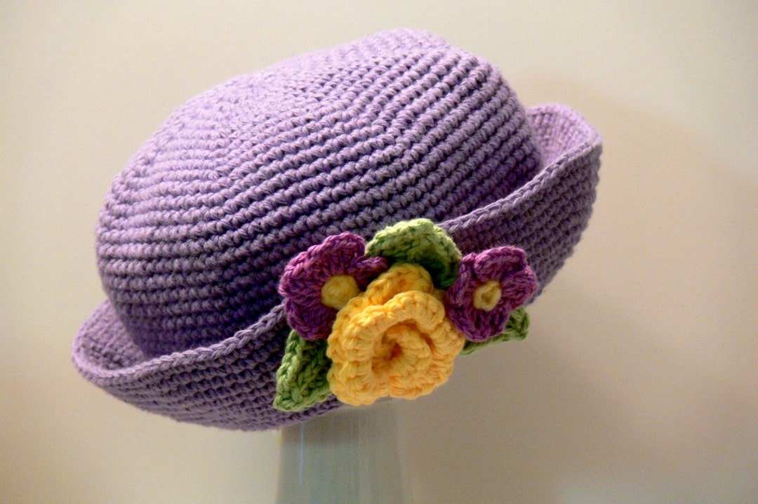 Crochet Pattern - Girls Hat With Brim - Flowers, Rose Violet, Sun Hat ...