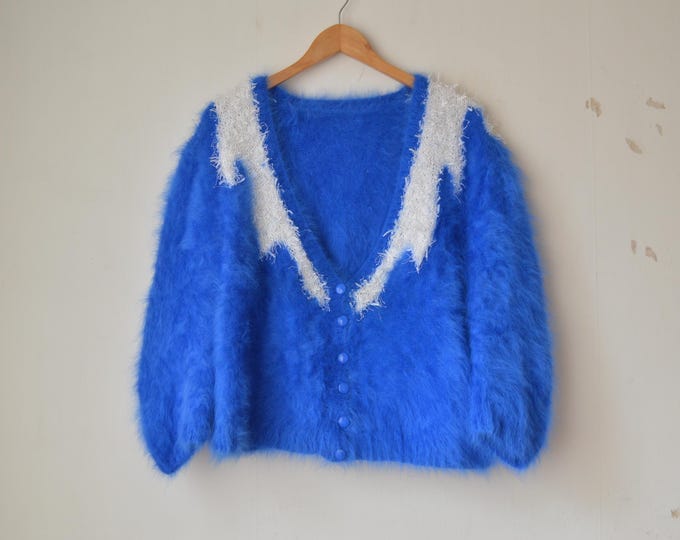 Vintage 1960s Blue Angora Fluffy Furry Soft Buttoned Down Puff Sleeves ...
