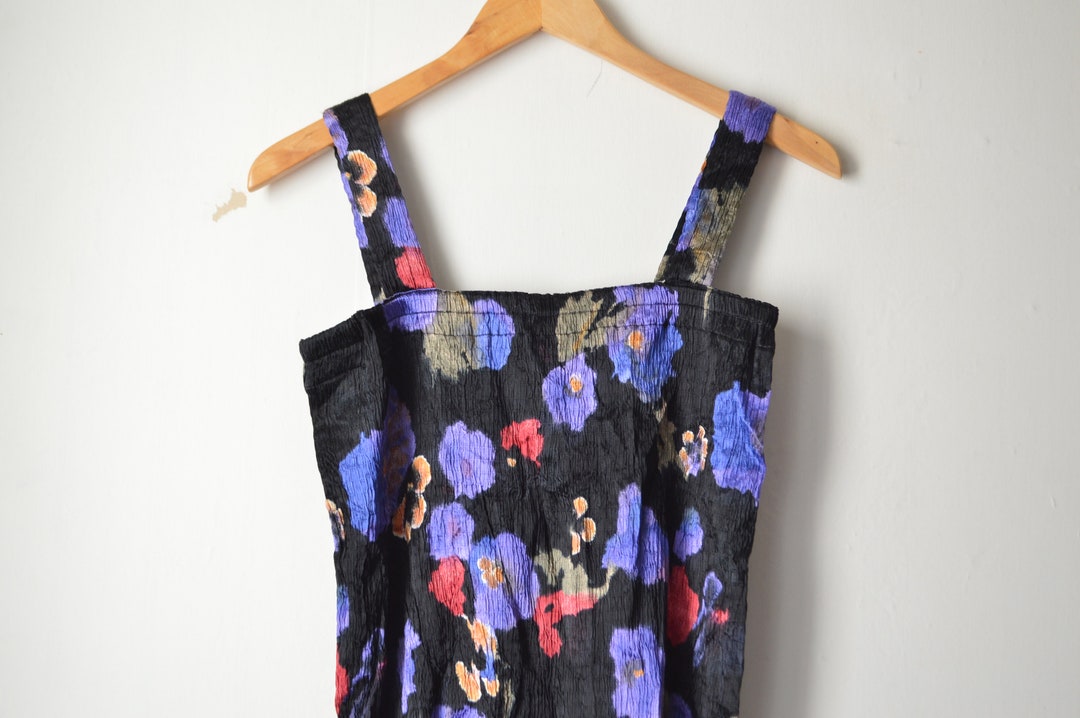 Vintage 80s Black Floral Pattern Silky Spaghetti Strap Summer Tube Top ...
