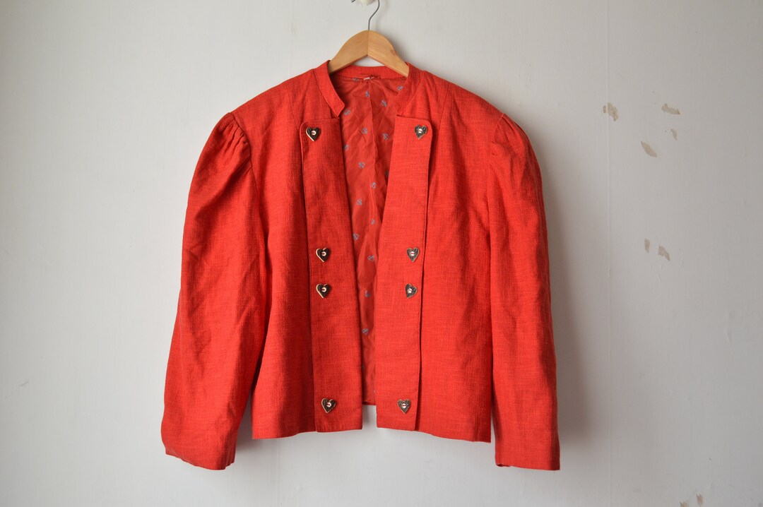 Vintage 1980s Austrian Red Linen Heart Buttoned Puff Sleeves Tyrolean ...