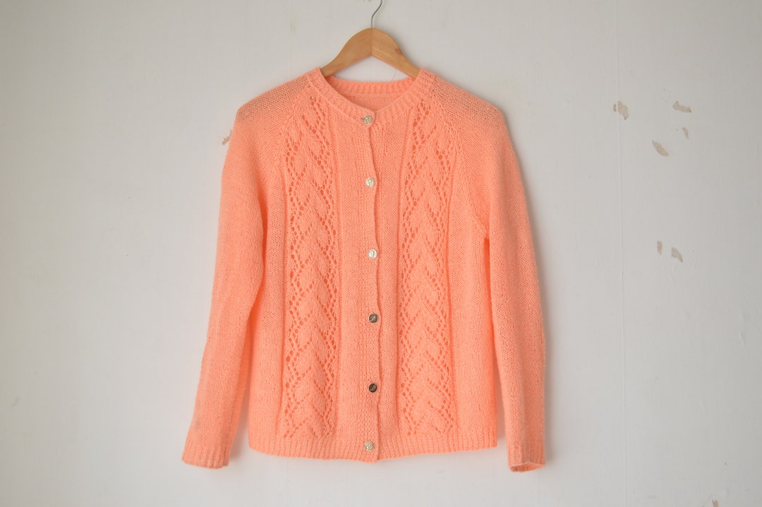 Vintage 80s Peach Hand Knitted Button Down Wool Blend Granny Cardigan ...
