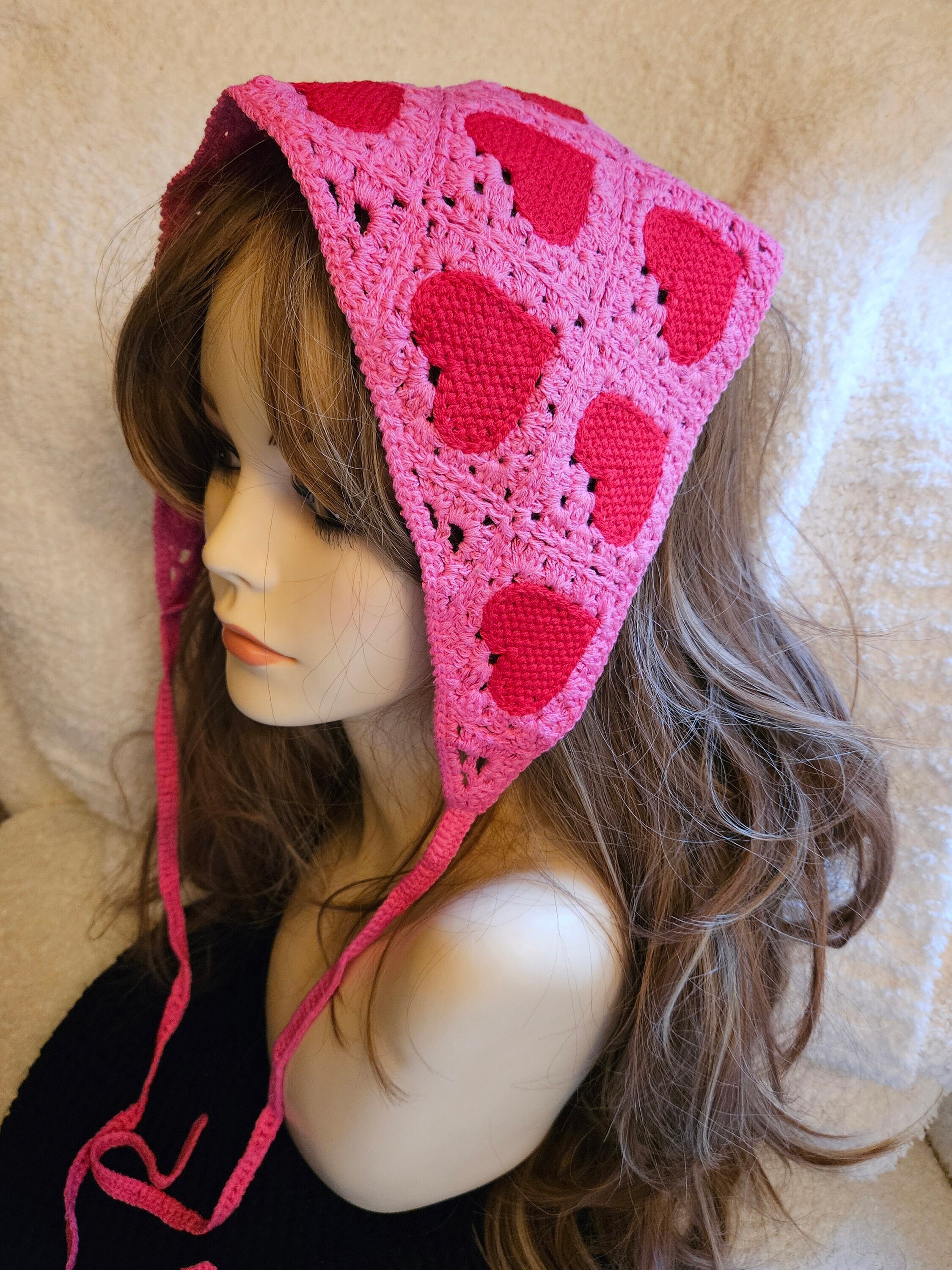 Cute Crochet Valentine Hearts Hankerchief Bandana Pink Red Crocheted ...