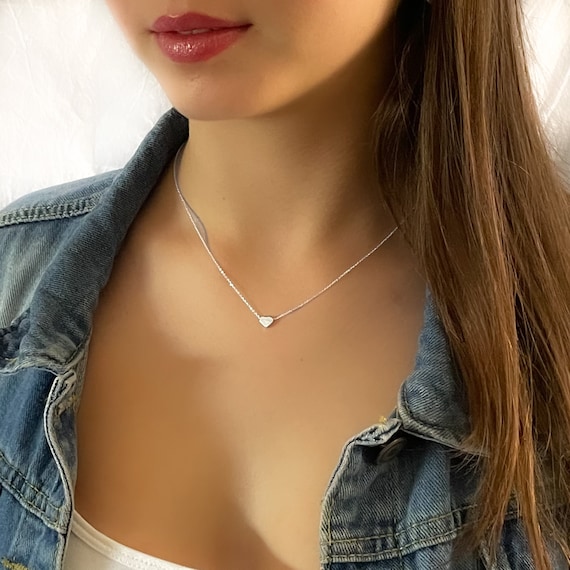 Heart Bead Necklace Silver Heart Necklace Sterling Silver Necklace Layering Necklace Silver Heart Pendant Simple Silver Necklace Etsy