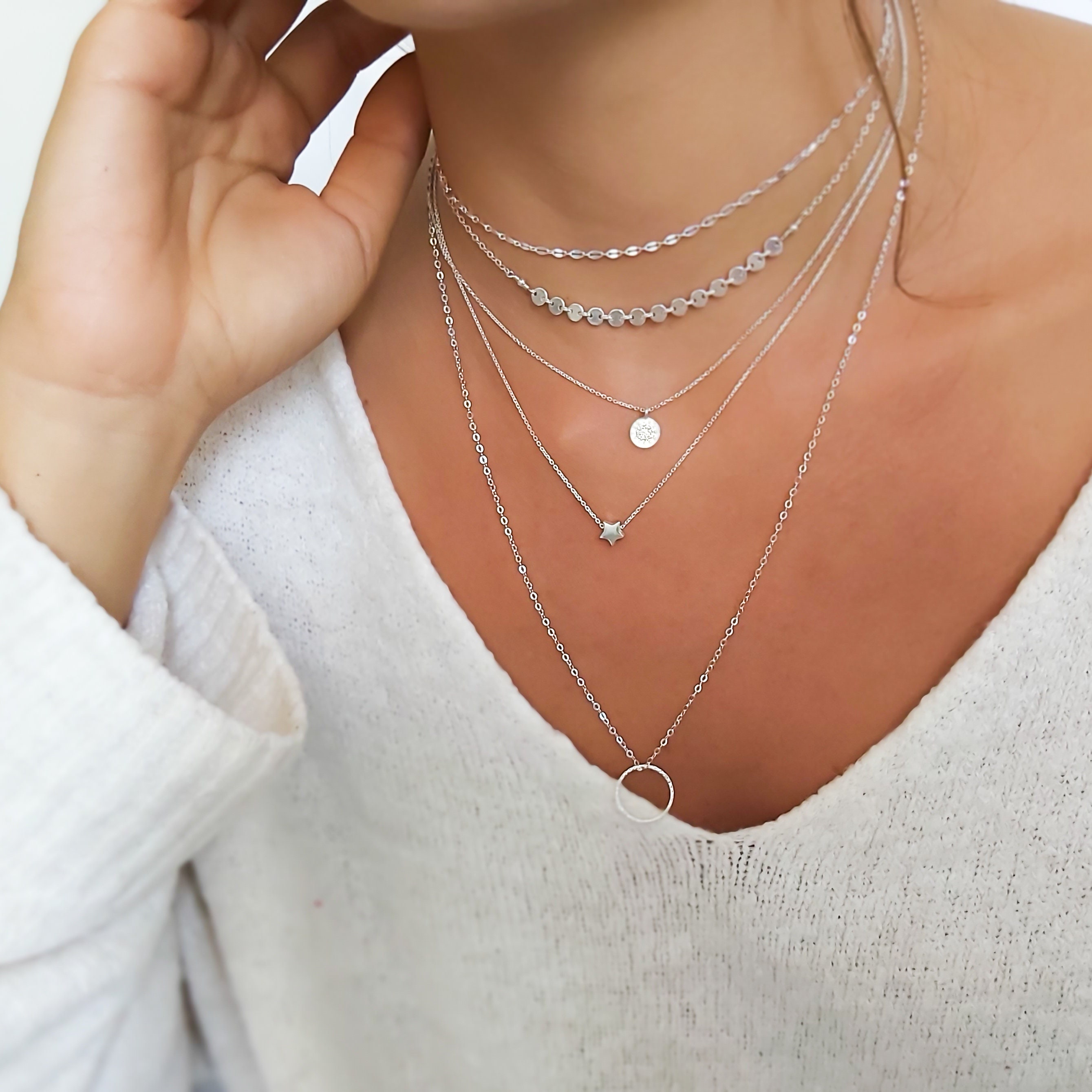 Layering Sterling Silver Necklace with a Round Disc Chain Bar | Etsy