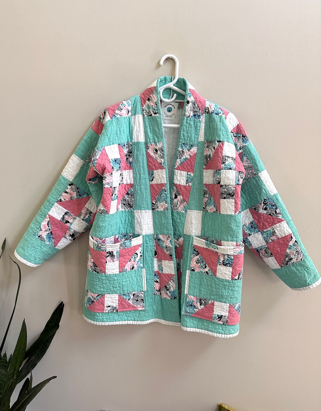 Upcycled Quilt Kimono/coat. Turquoise/mint Pink and White Print. Size S ...