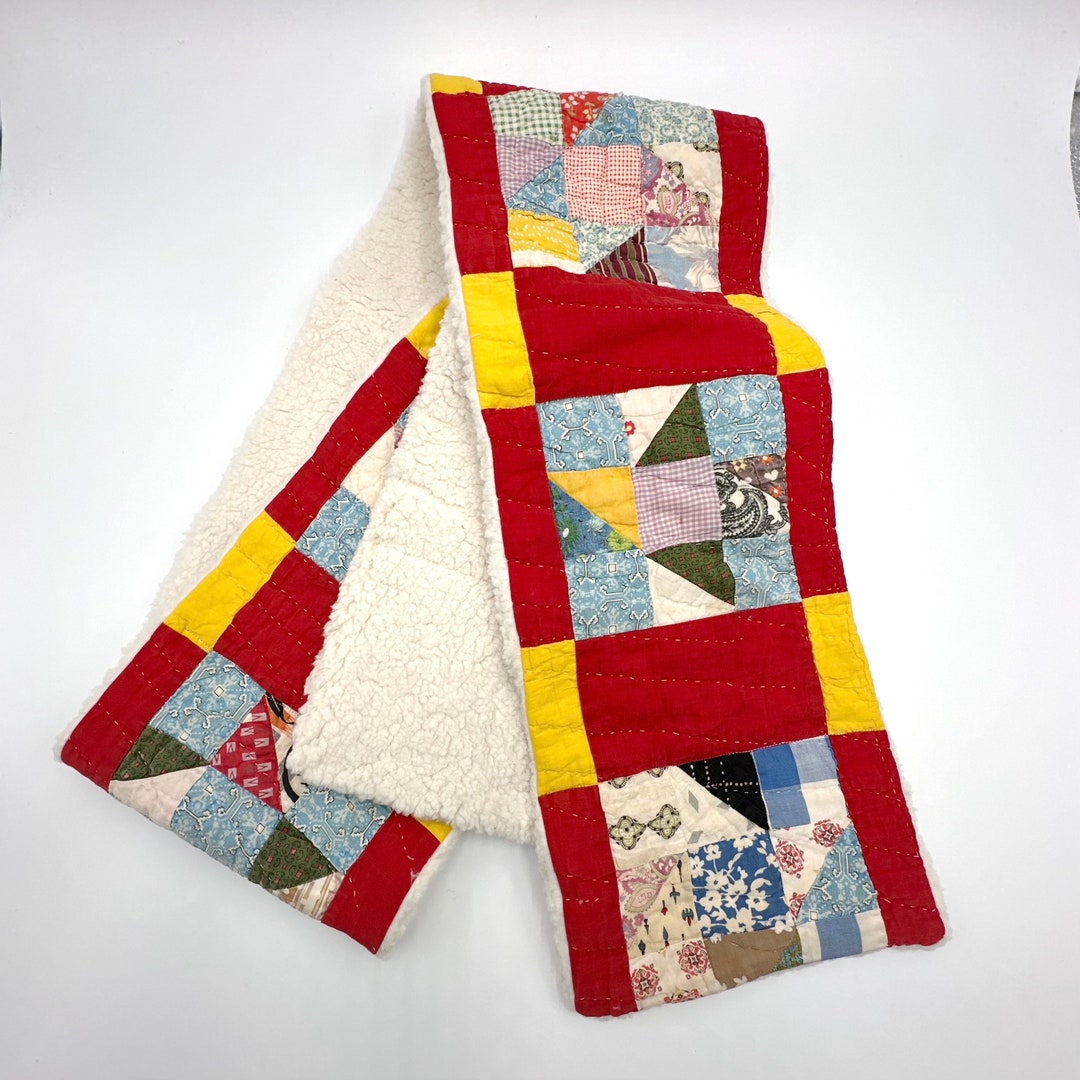 Vintage Quilt Scarf, Sherpa Lined. Red, Yellow, Multi. - Etsy