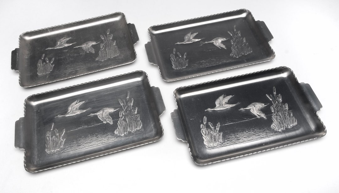 Vintage Forged Aluminum Trays 4 Trays Flying Geese Over Cattails Image ...