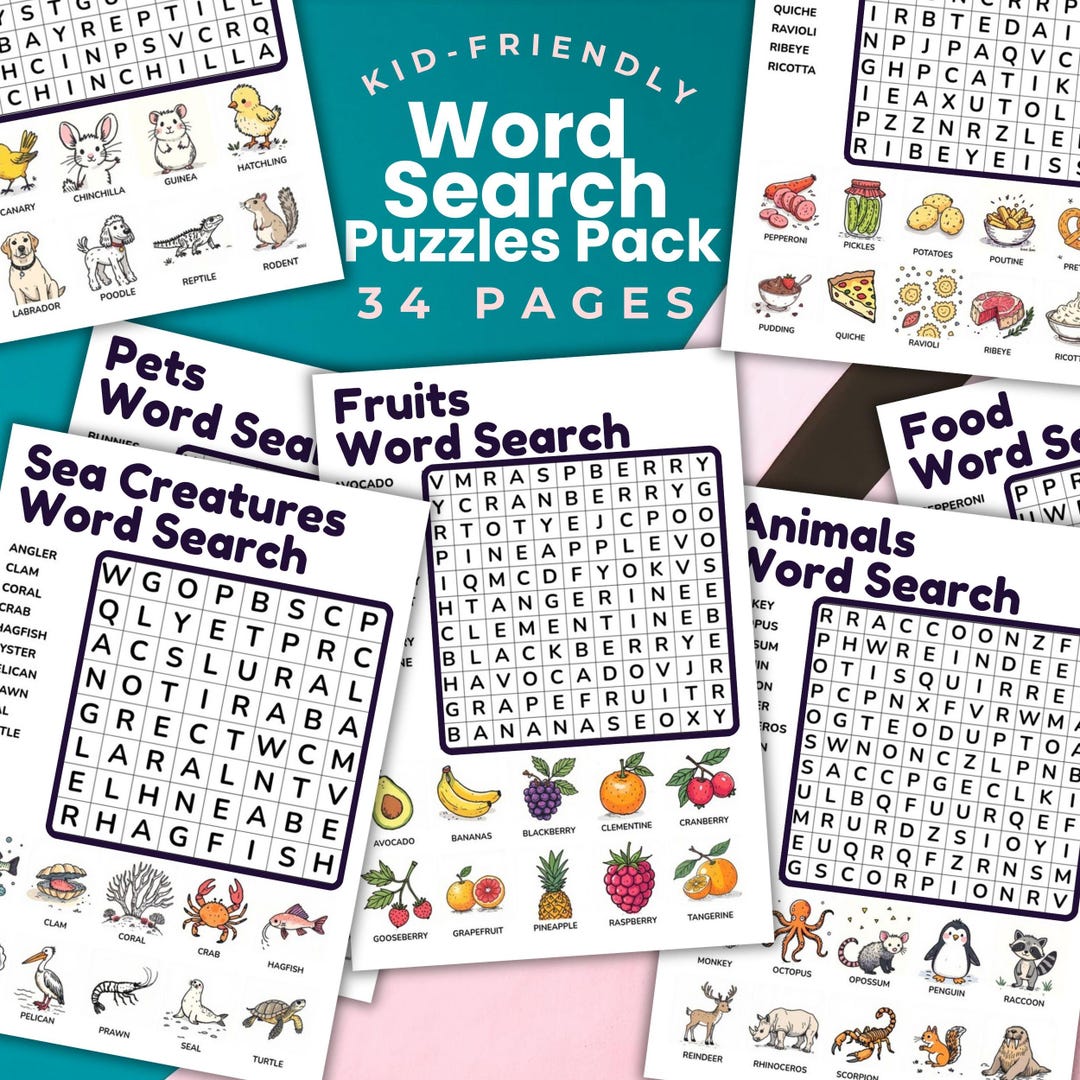 Kids Word Search Puzzle Worksheets, Illustrated Themes, Printables - Etsy