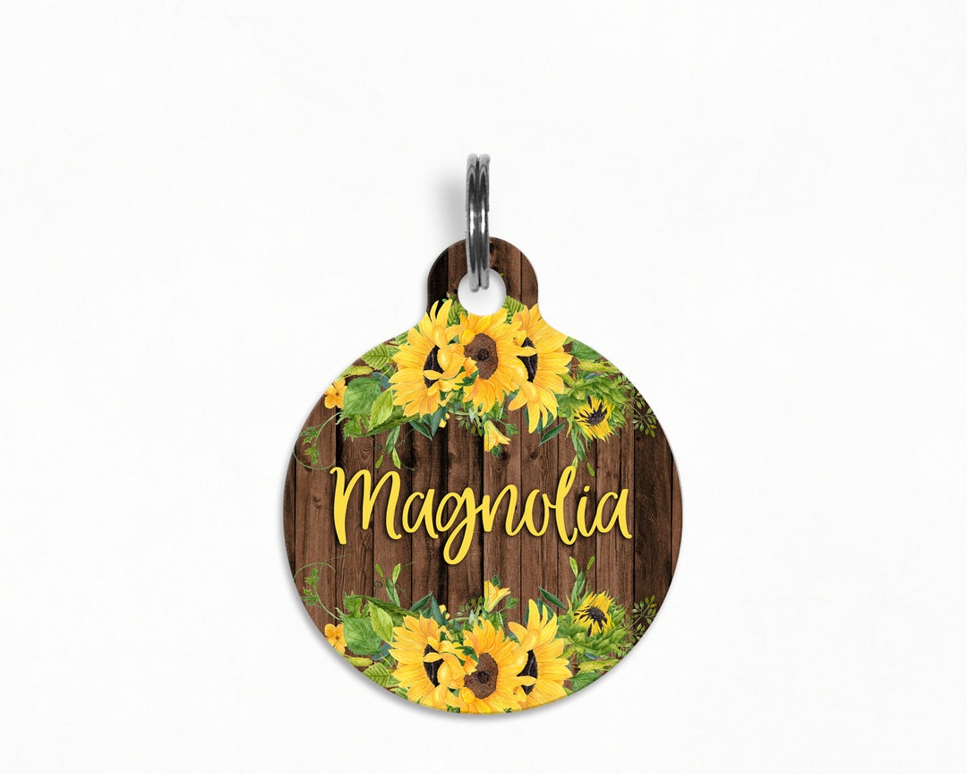 Pet ID Tag | "magnolia" - Rustic Autumn Sunflower Dog Tag, Double Sided ...