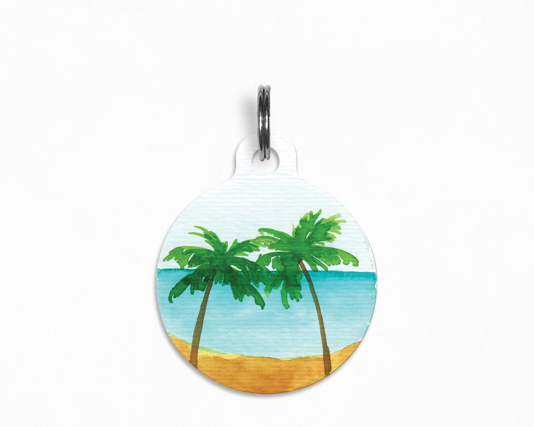 Pet ID Tag | Tropical Beach Palm Tree Scene Dog Tag, Double Sided - Etsy