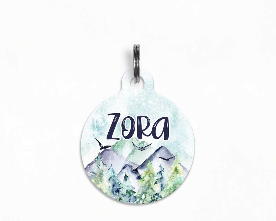 Pet ID Tag | "zora" - Purple Mountain Forest, Winter Dog Tag, Double ...