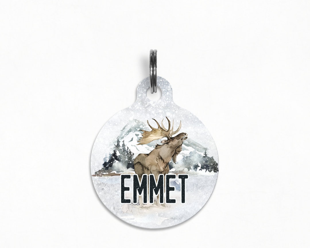 Pet ID Tag | "emmet" - Snowy Mountain Moose, Winter Dog Tag, Double ...