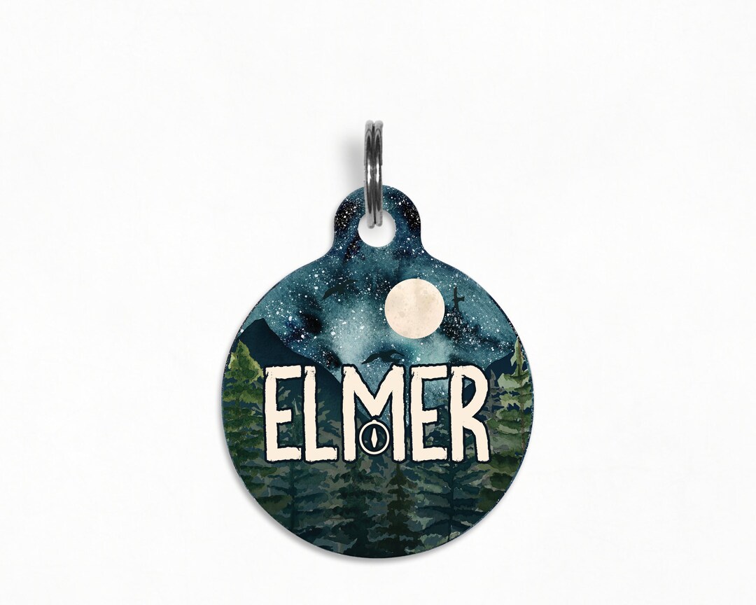 Pet ID Tag | "elmer" - Watercolor Forest Mountain Night Moon Dog Tag ...