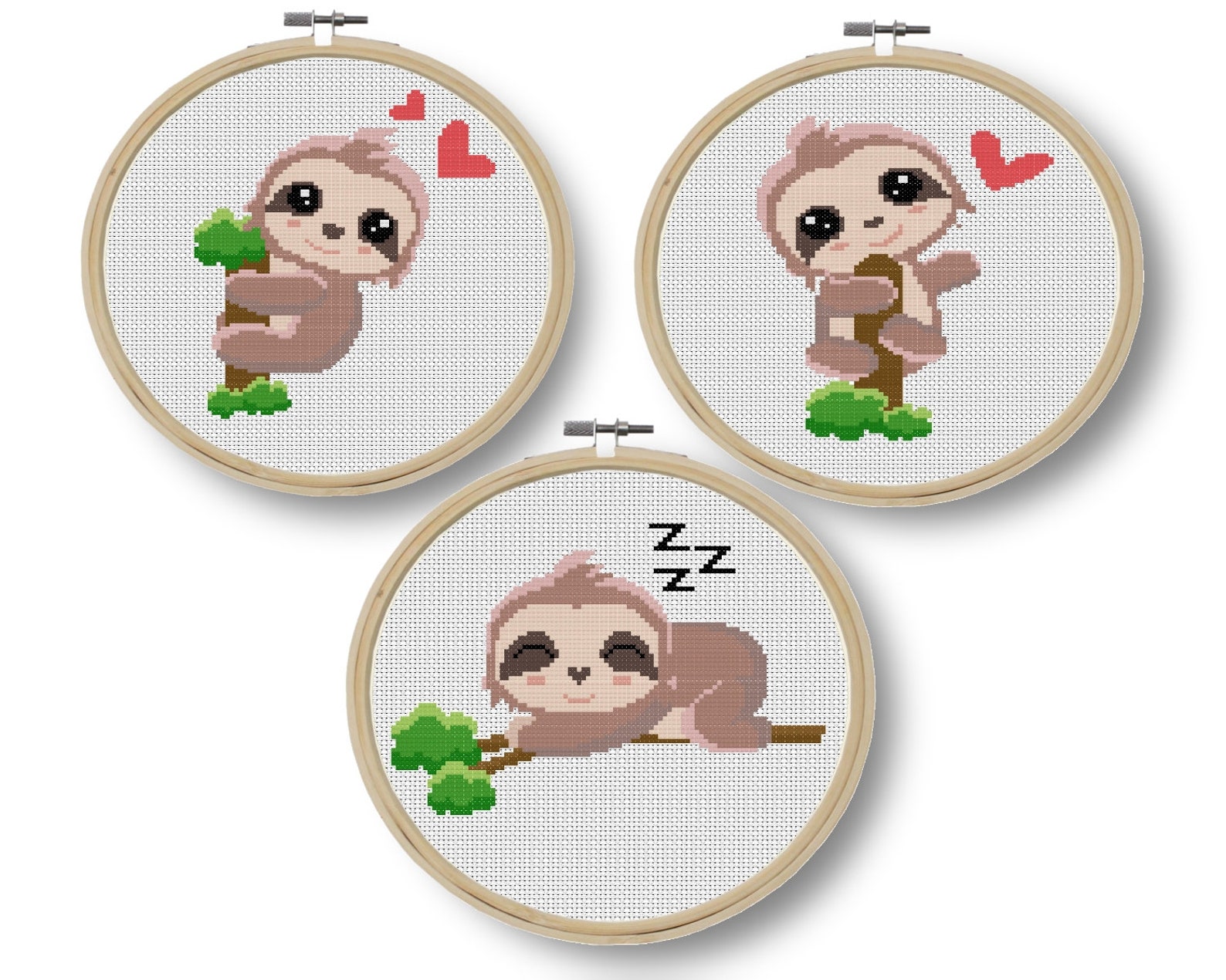 Set of 3 Sloth Counted Cross Stitch Download PDF Pattern 4.5 X 6.5 ...