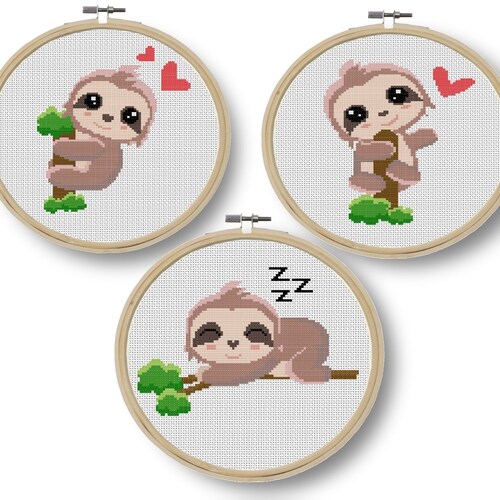 Sloth Cross Stitch Pattern Set of 3 Animals Cross Stitch Love - Etsy
