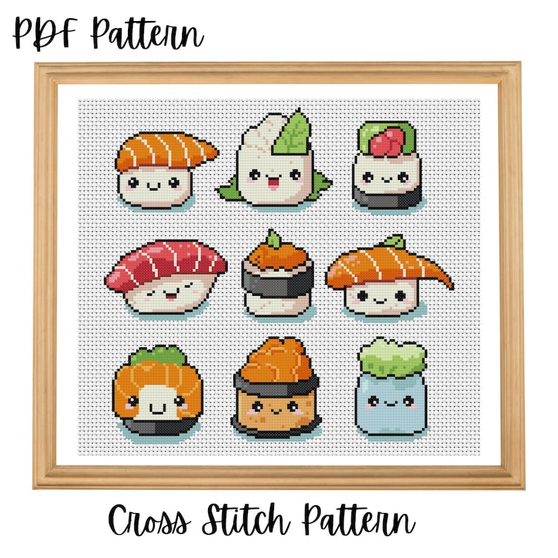 Kawaii Sushi Food Counted Cross Stitch Pattern Chart PDF Set of 9 Each ...