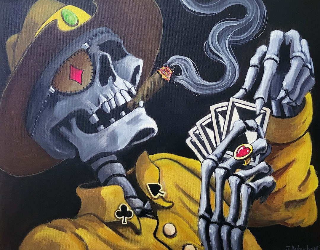 Skeleton Art, 14x18 Painting, A Poker Game With the Grim Reaper ...